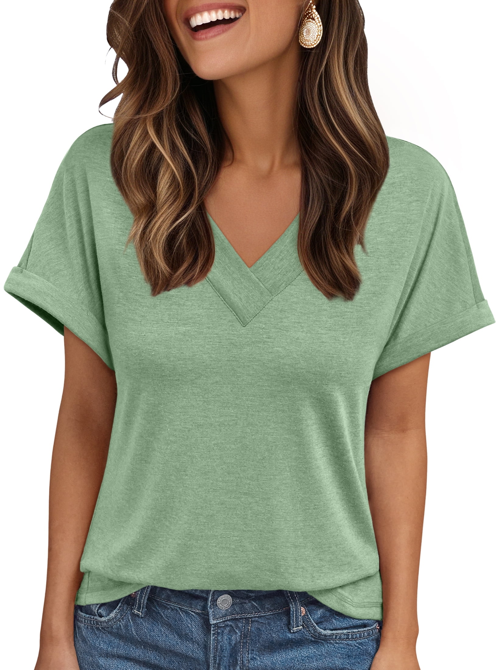 SUNBS T Shirts for Women V Neck Blouses Summer Casual Short Sleeve Top ...