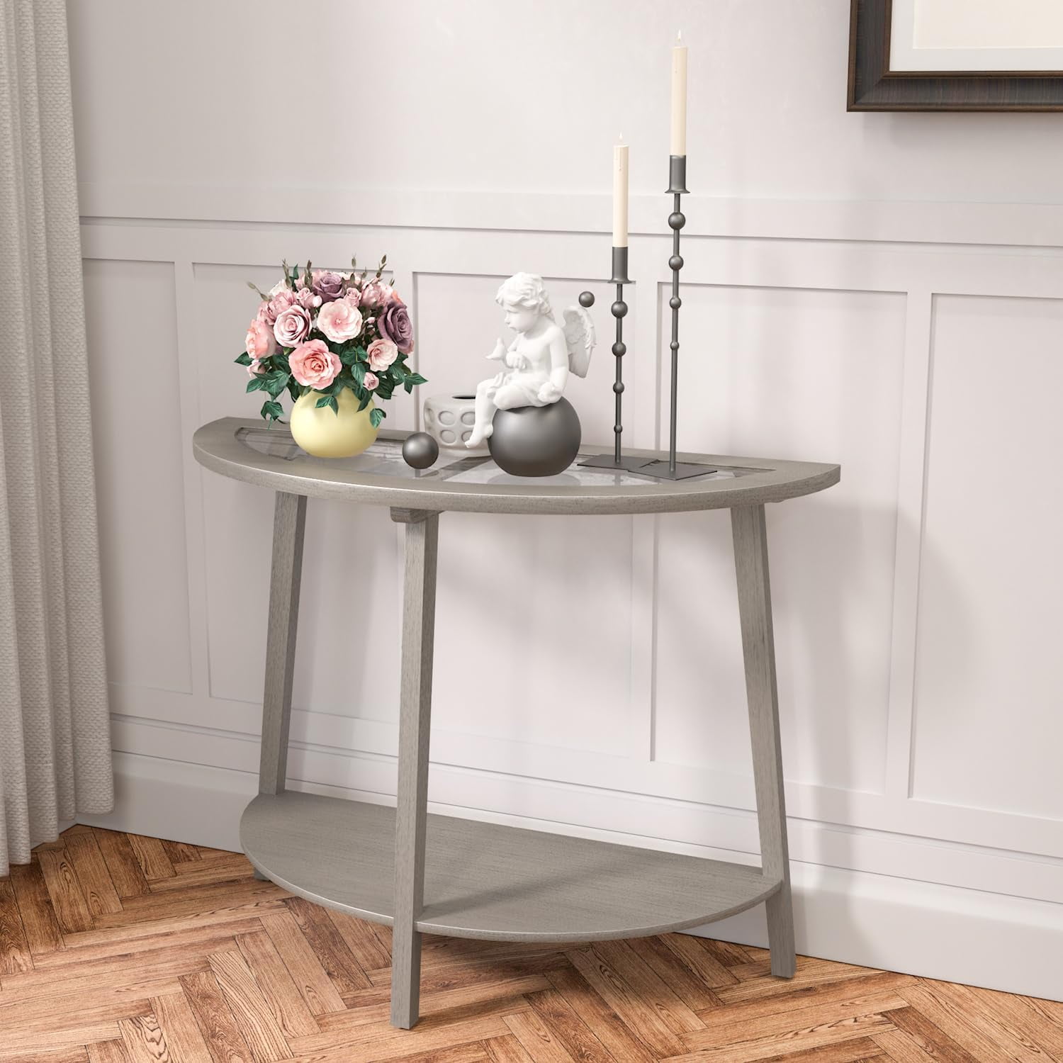 SUNBURY 40 Inch Console Table with Tempered Glass Top, Narrow Half Moon ...