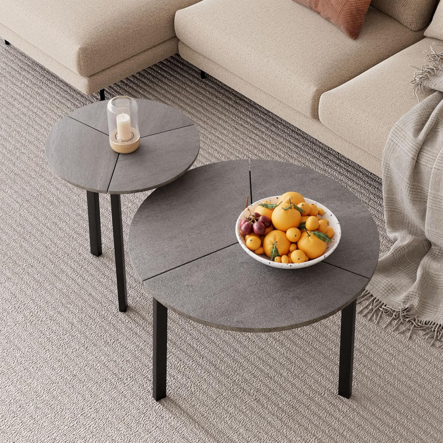 SUNBURY Coffee Table Nesting Grey Set of 2, Round Coffee Table 23.6 ...