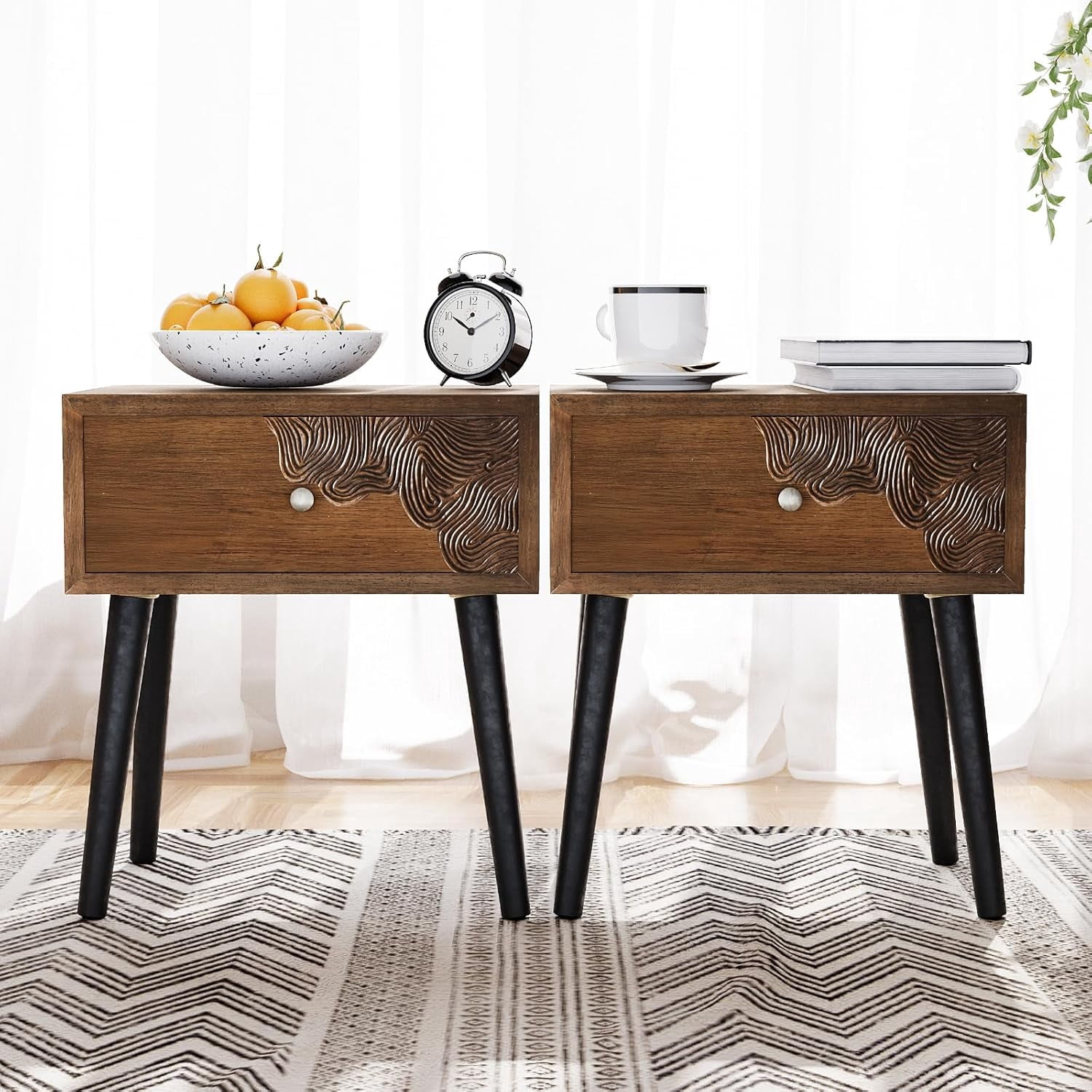 SUNBURY Nightstands Set of 2, Vintage Night Stand with Drawer, Small ...