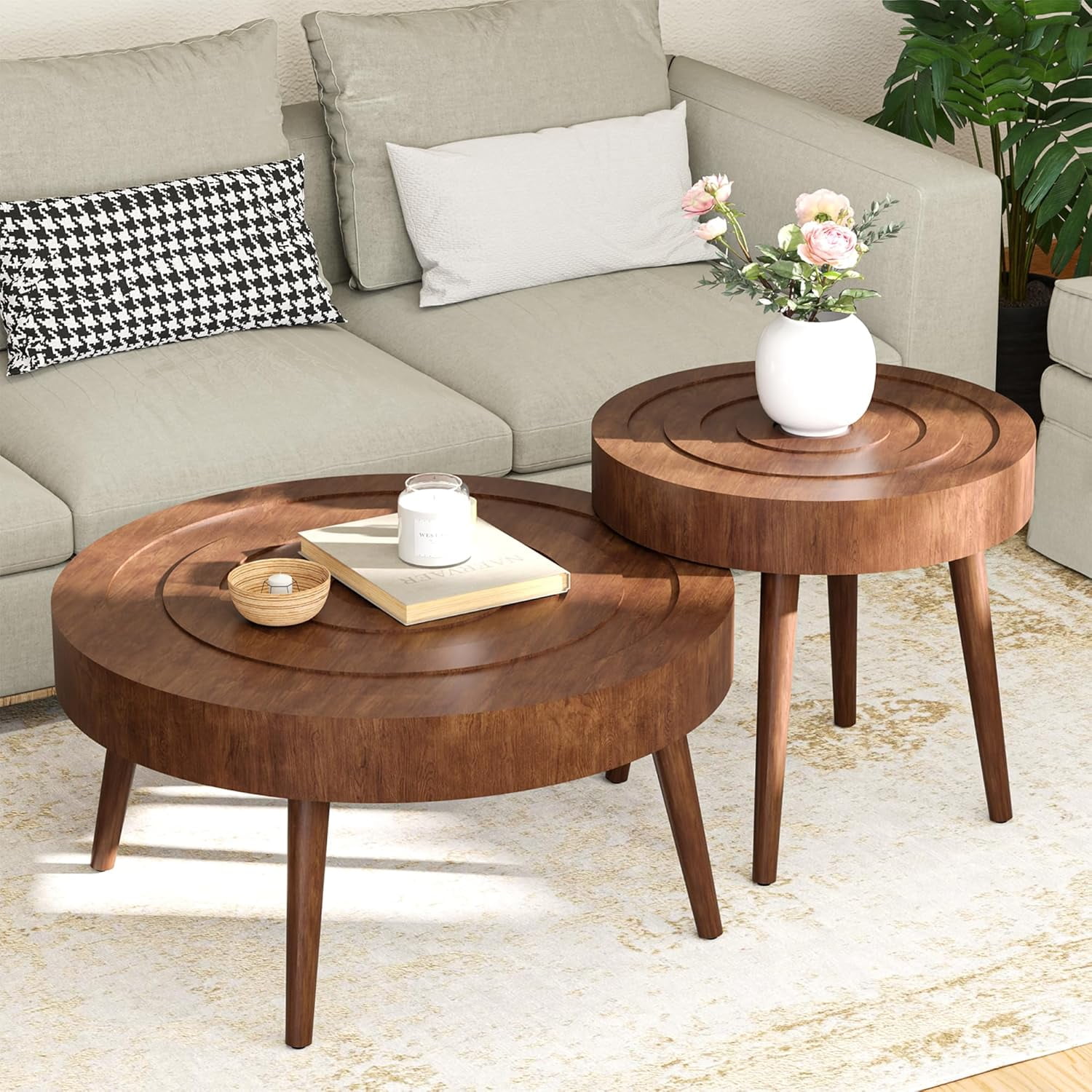 SUNBURY Round Coffee Table, Nesting Tables with Concentric Circle ...