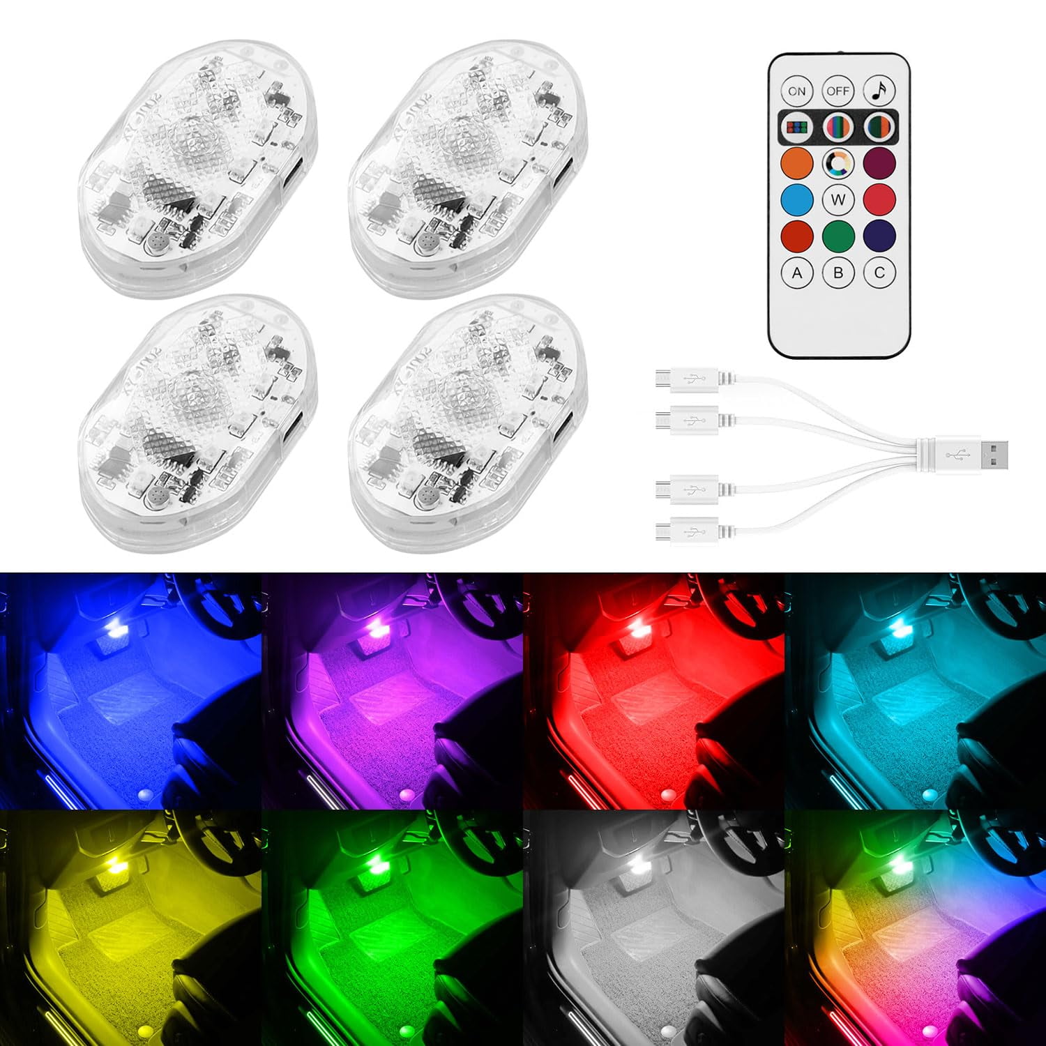 SUNCARACCL 4PCS Wireless Led RRF12 Lights for Car with Remote,8 Colors ...