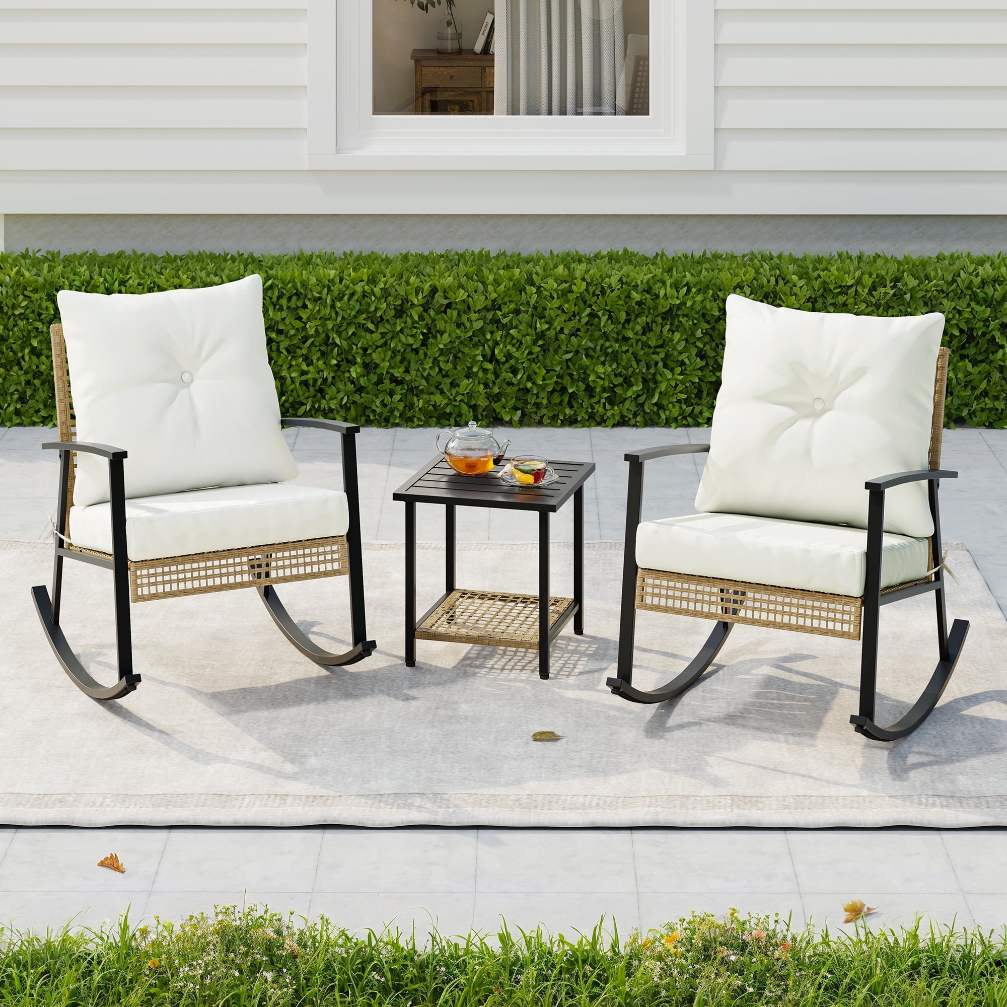 SUNCOZE Rattan Rocking Chair Set, 3 Pieces Outdoor Patio Furniture with ...