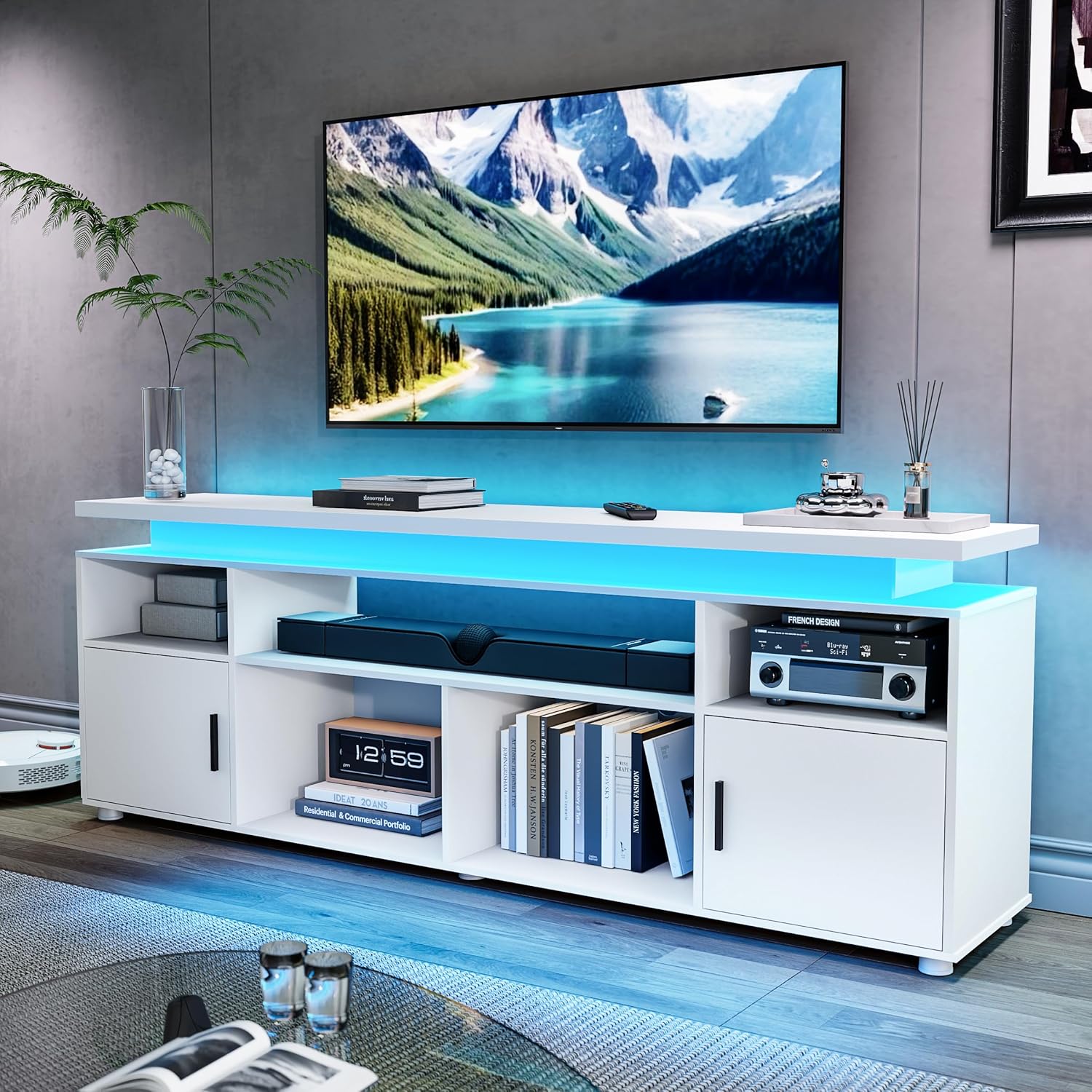 SUNCOZE TV Stand, Entertainment Center with LED Lights and Cabinet for ...