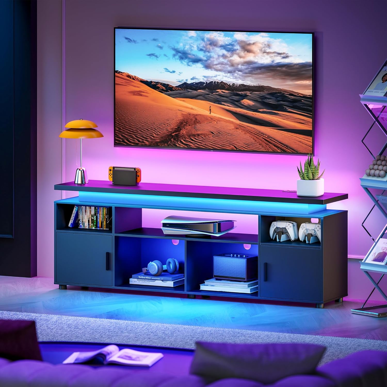 SUNCOZE TV Stand, Entertainment Center with LED Lights and Cabinet for ...