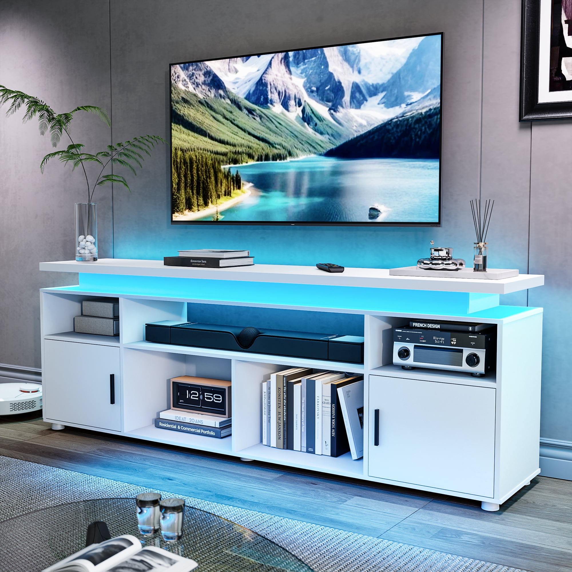 SUNCOZE TV Stand for 80 inch TV Entertainment Center with LED Lights TV ...