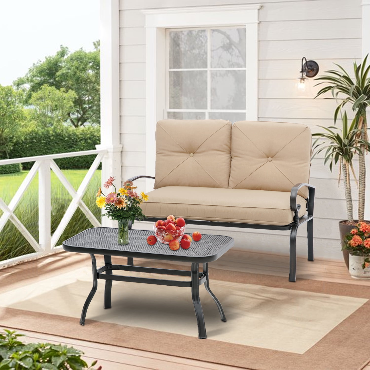 SUNCROWN 2-Piece Patio Set, Wrought Iron Loveseat Bench Sofa with ...