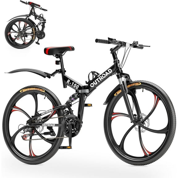26 Inch Folding Mountain Bike, 21 Speed Full Suspension High-Carbon ...