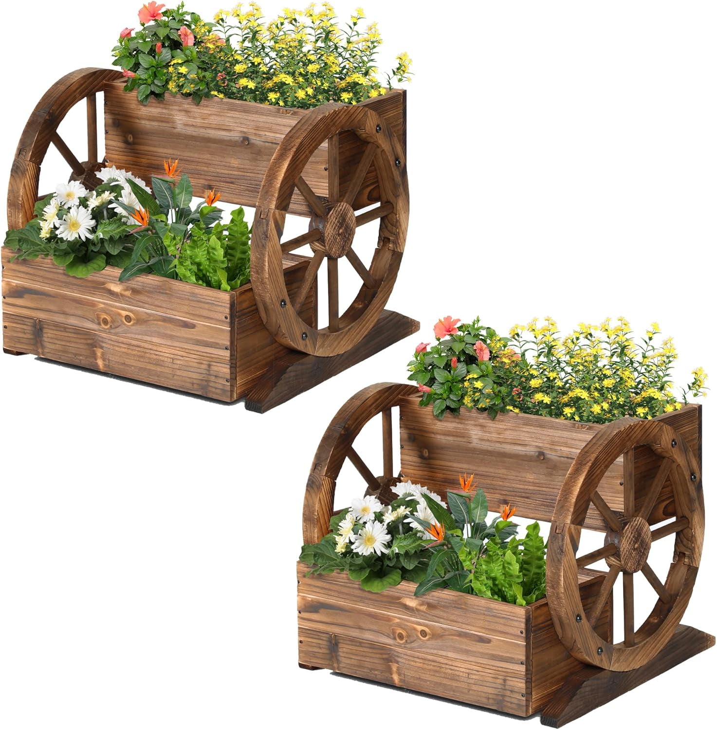 SUNCROWN 2PCS Wooden Wagon Planter Box, Garden Planters with Wheels ...