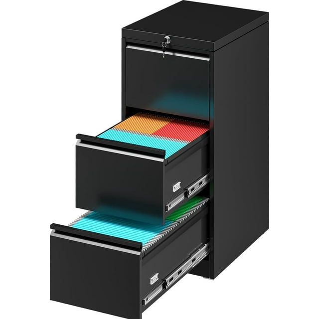SUNCROWN 3 Drawer File Cabinet, Black Metal Filing Cabinet with Lock ...