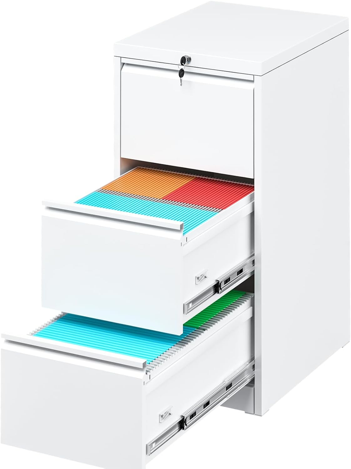 Suncrown 3 Drawer White Metal File Cabinet, Lockable Filing Cabinet ...