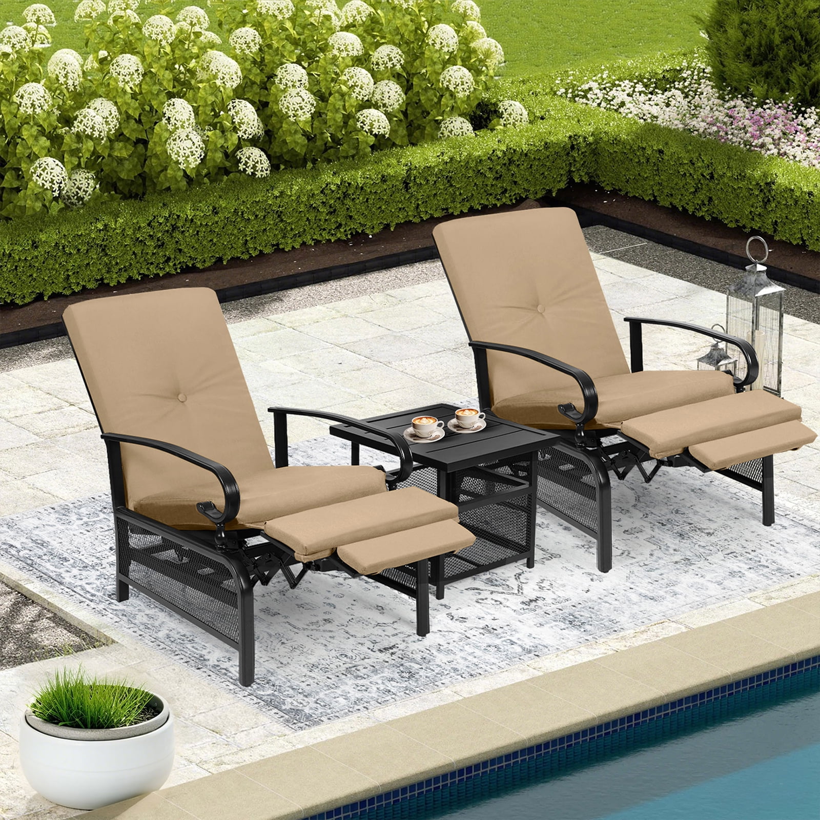 SUNCROWN 3 Pieces Outdoor Lounge Recliner Set, 2 Adjustable Metal ...