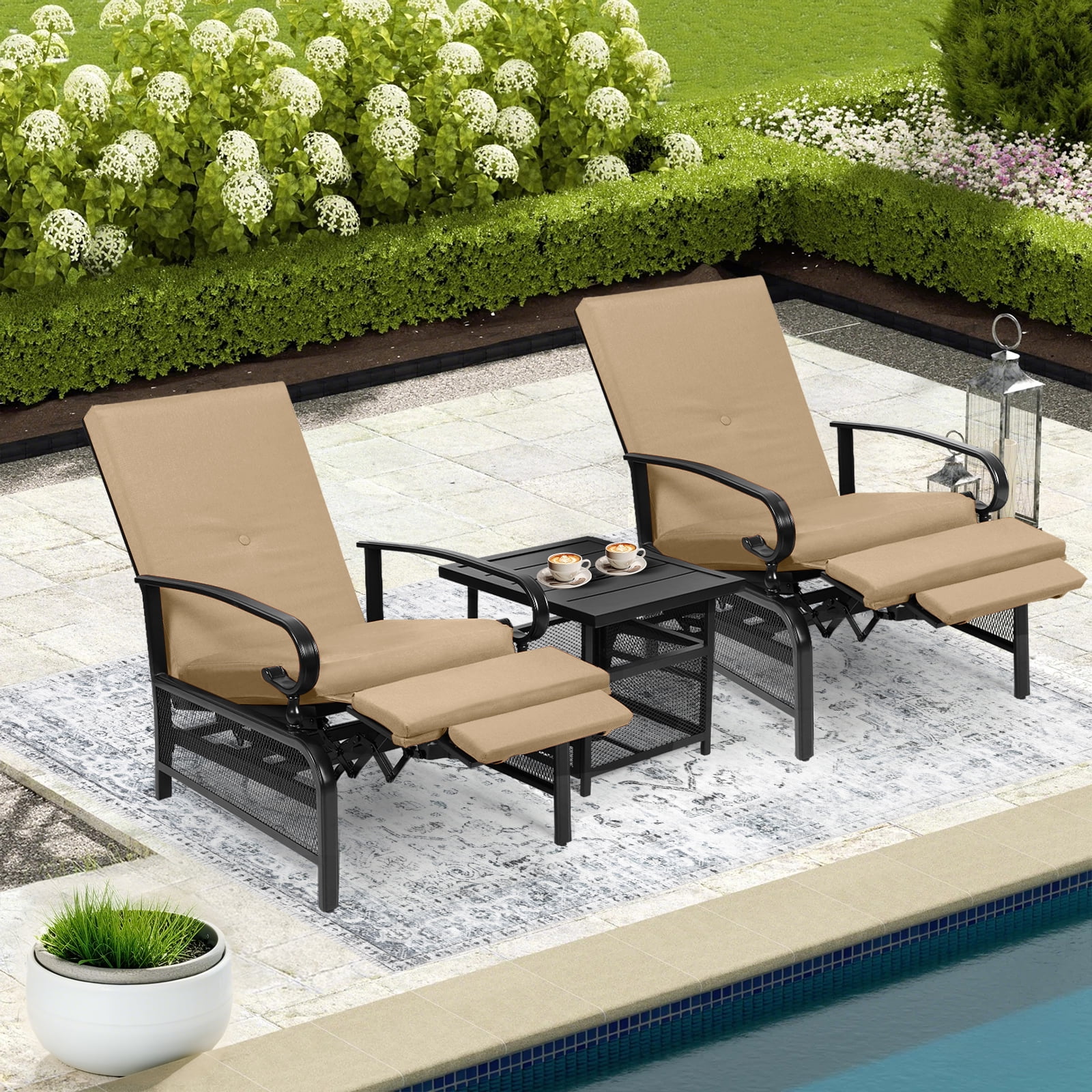 SUNCROWN 3 Pieces Outdoor Lounge Recliner Set, 2 Adjustable Metal ...