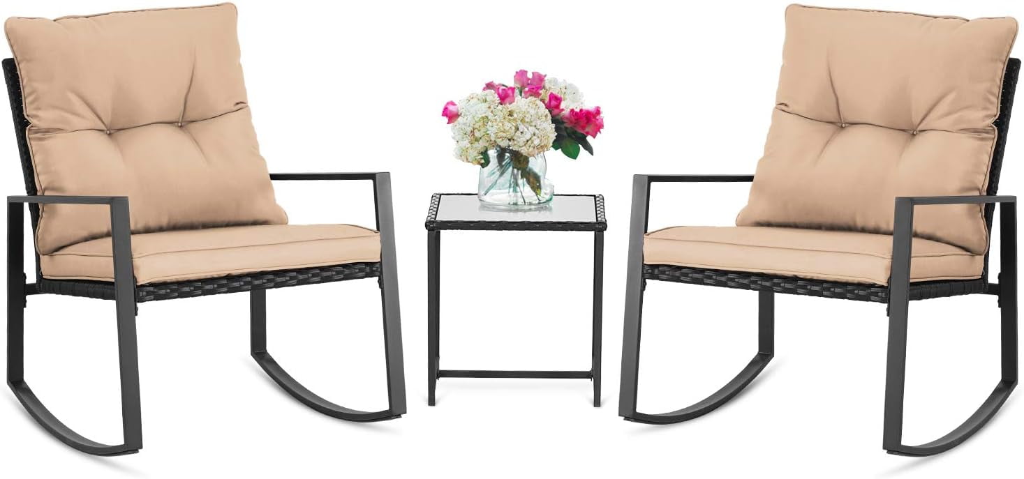 SUNCROWN 3 Pieces Outdoor Rocking Bistro Set Black Wicker Furniture ...