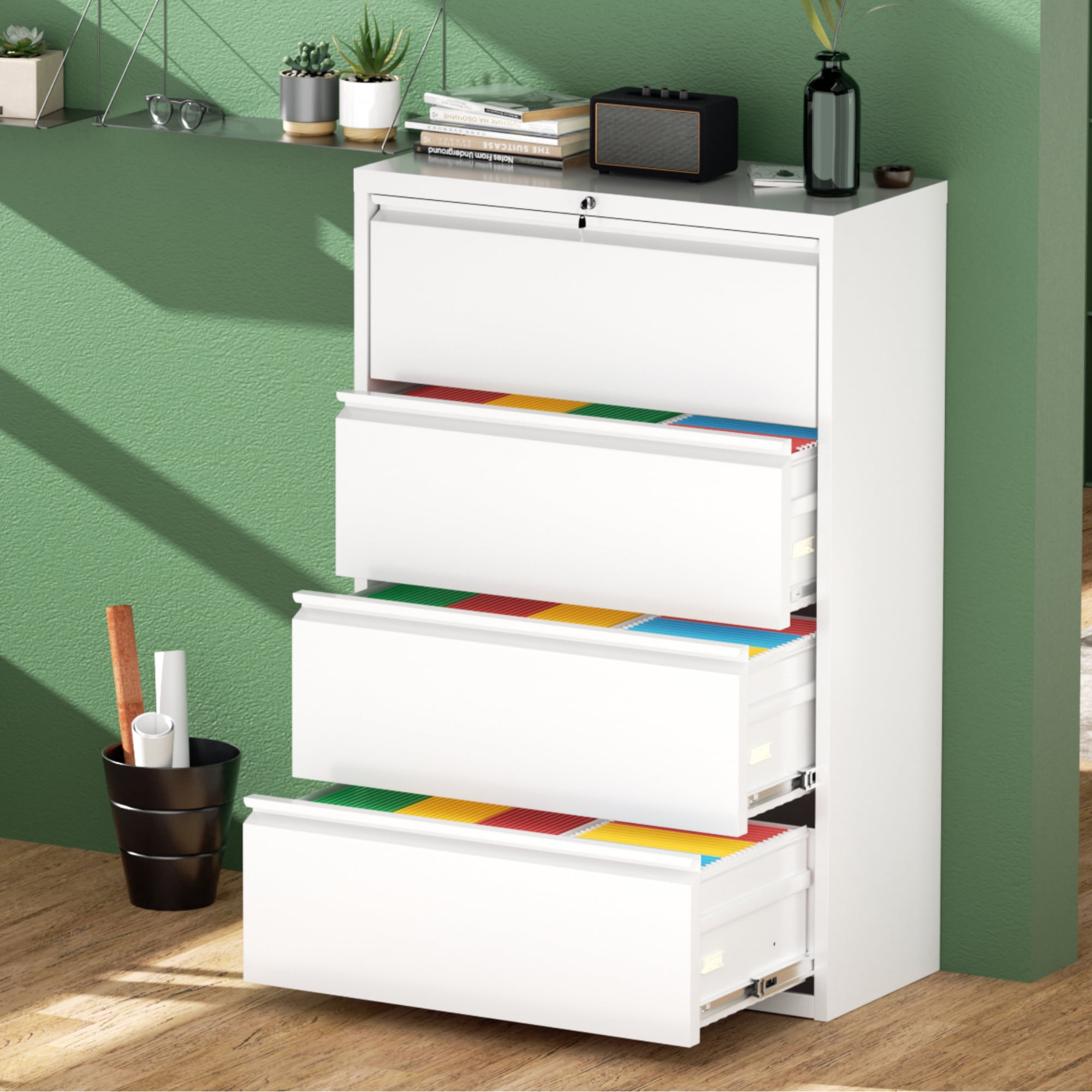 SUNCROWN 4 Drawer Lateral File Cabinet with Lock, White Metal Filing ...