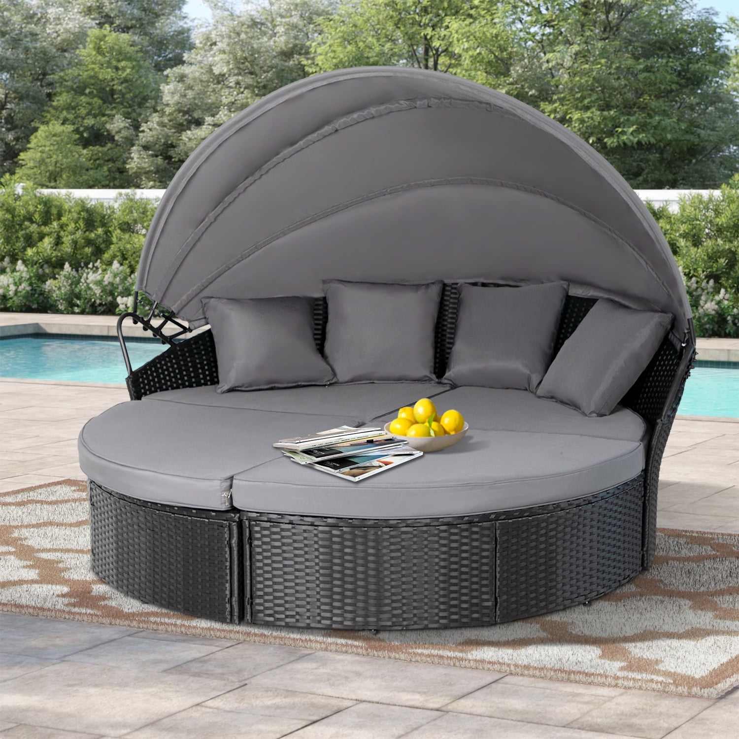 SUNCROWN 4-Piece Rattan Sofa Daybeds, Outdoor Round Canopy, Black ...