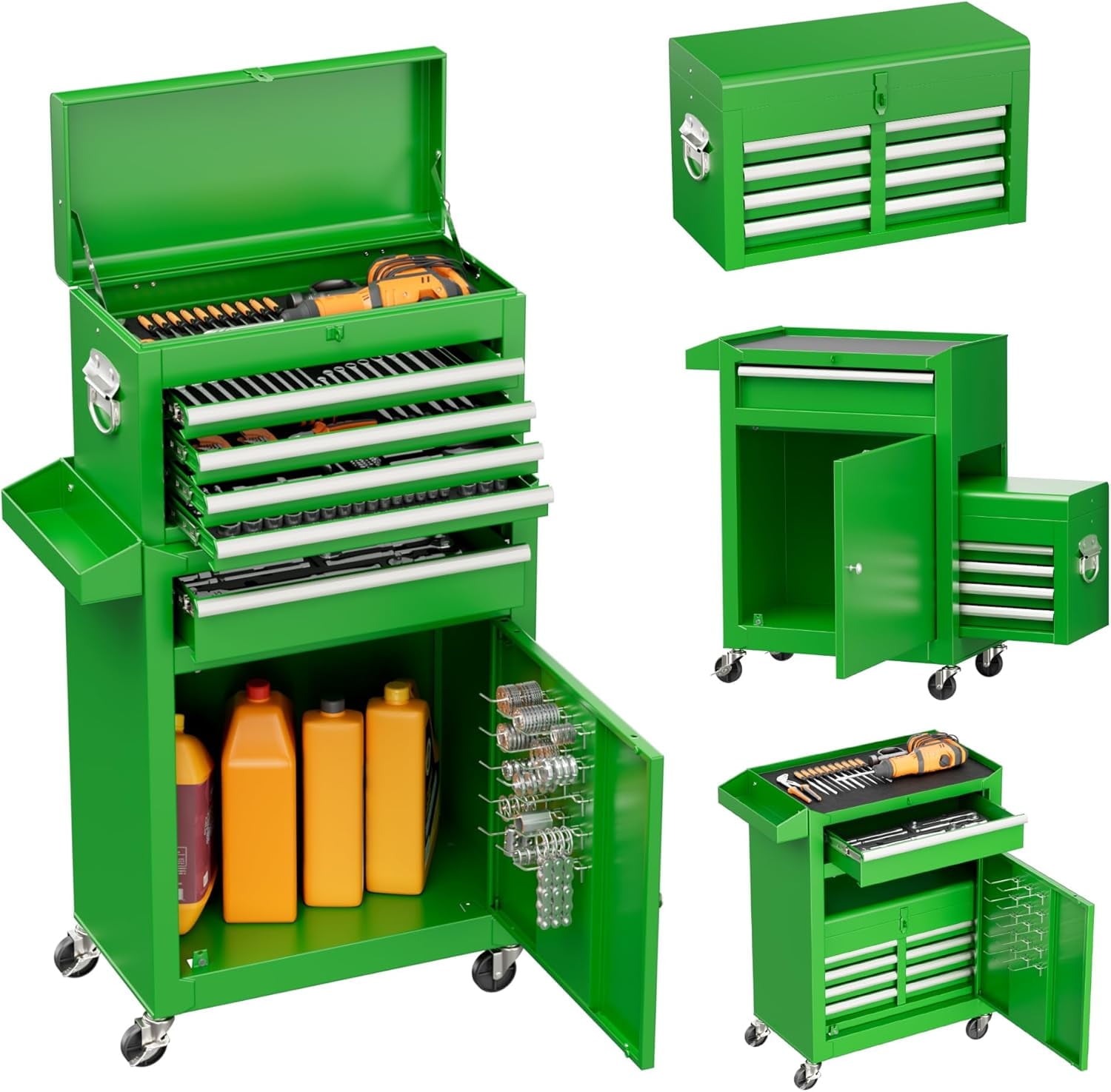 SUNCROWN Green 5-Drawer Tool Chest, Detachable Top Box, Lockable Wheels ...