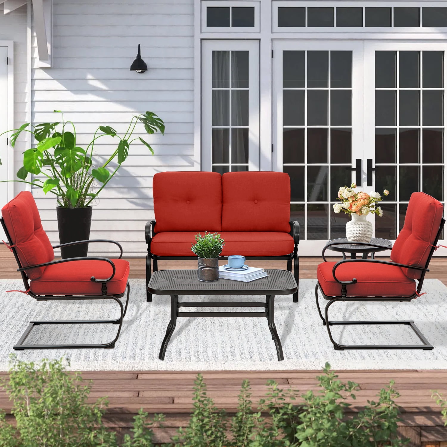 SUNCROWN 5-Piece Patio Set - Metal Loveseat, Bench, 2 Chairs with Table ...
