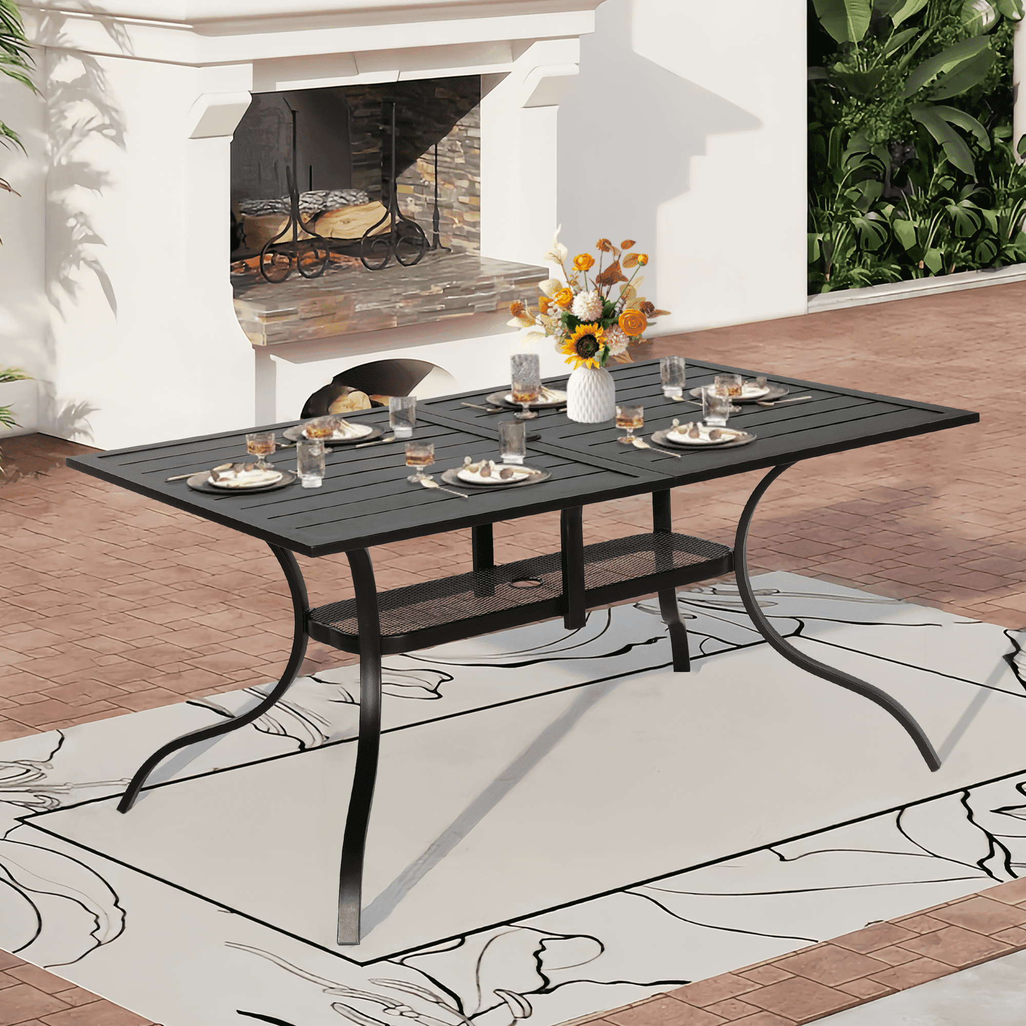 SUNCROWN 60"x37" Black Patio Outdoor Dining Table Metal Steel Slat ...