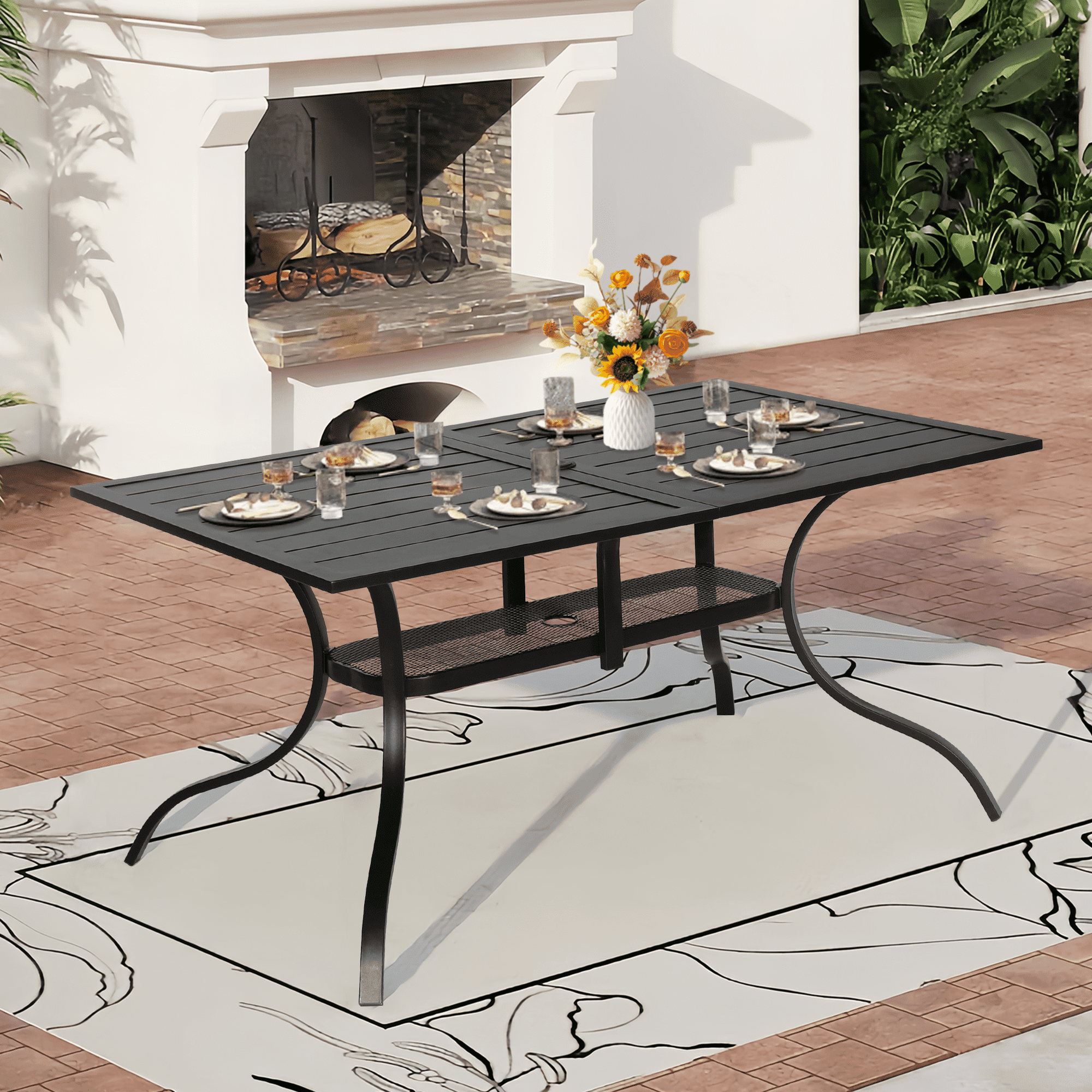 SUNCROWN 60"x37" Black Patio Outdoor Dining Table Metal Steel Slat Rectangular Bistro Table for ...