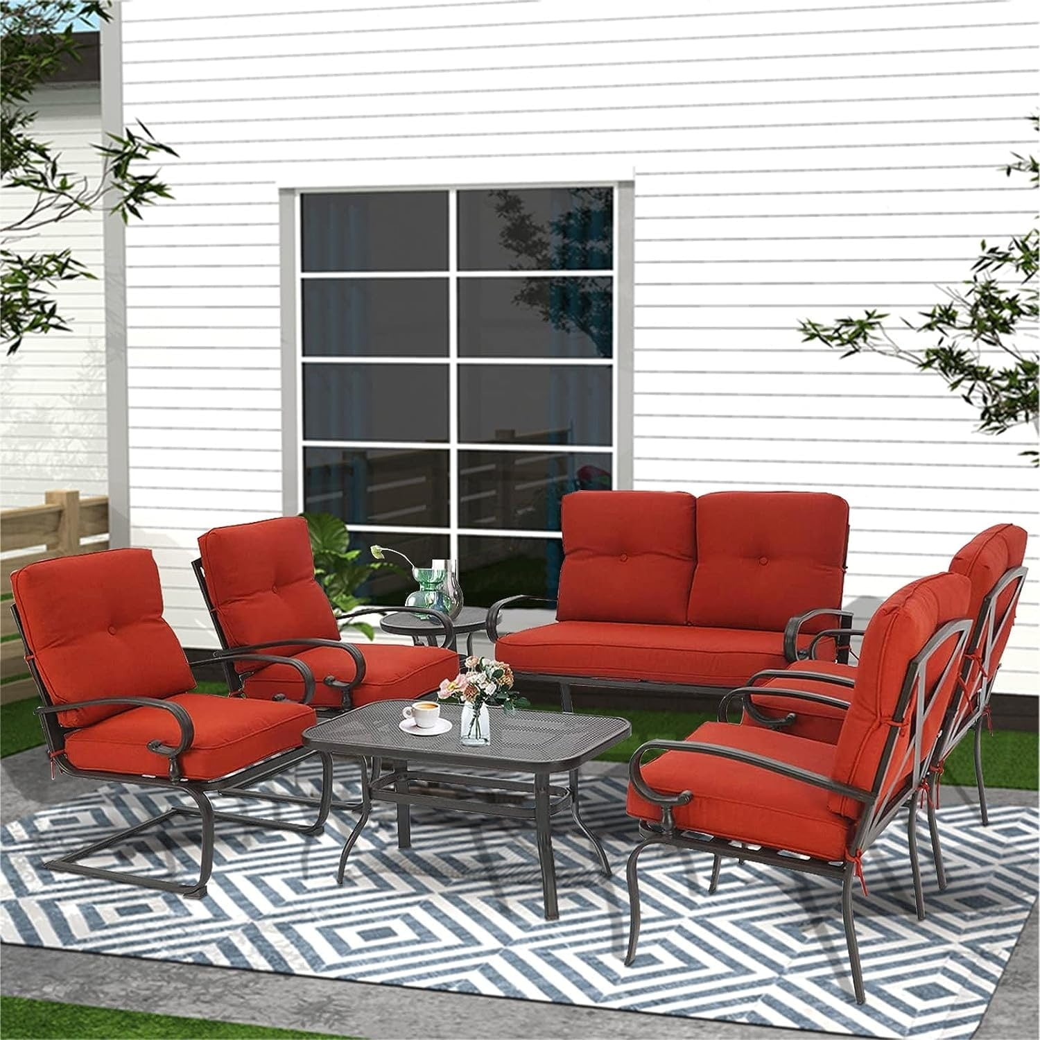 SUNCROWN 7-Piece Outdoor Metal Furniture Conversation Patio Set Red ...