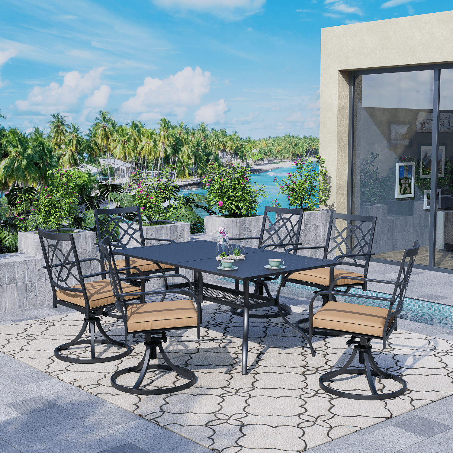 SUNCROWN Outdoor Dining 7-Piece Set - Metal Swivel Chairs with Umbrella ...