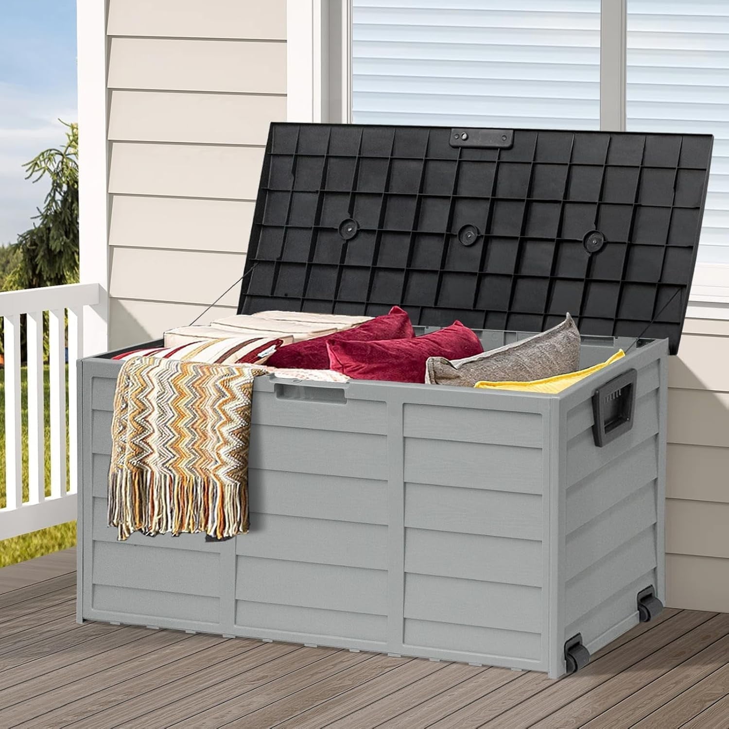 SUNCROWN 75 Gallon Outdoor Storage Box with Handles, Large Wood Grain ...