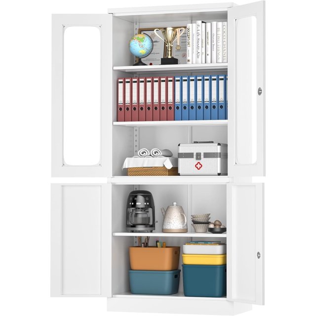 SUNCROWN Lockable Metal Cabinet with Glass Doors, Adjustable Shelves ...