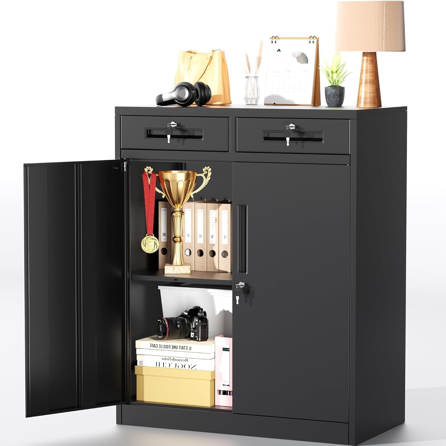 SUNCROWN Metal Storage Cabinet with Drawers, 36" Black Lockable Steel Garage Storage Cabinet ...