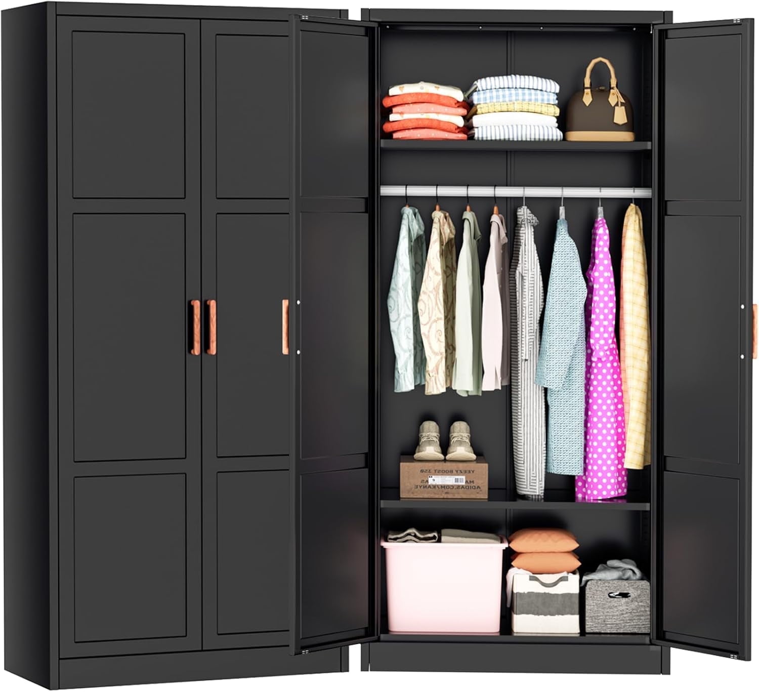 SUNCROWN Metal Wardrobe Cabinet with Wooden Handle, 72" Black Metal ...