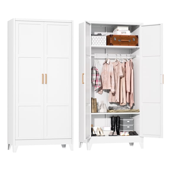 Suncrown, Metal Wardrobe Cabinet, 72" H with Wooden Handle, White ...