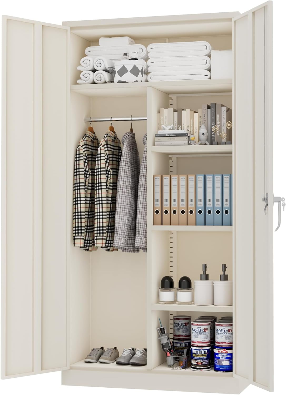 SUNCROWN Metal Wardrobe Closet, Storage Cabinet with Rods and Locking ...