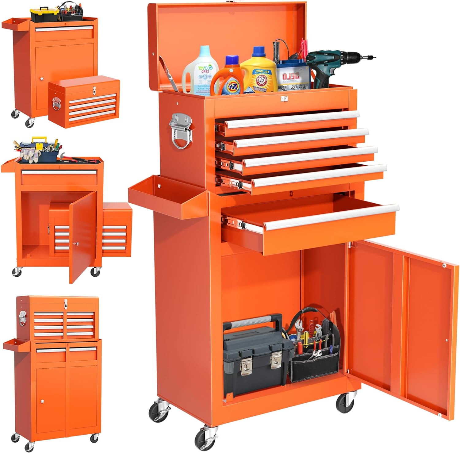 SUNCROWN Orange Tool Chest, 5-Drawer Rolling Tool Storage Cabinet with ...