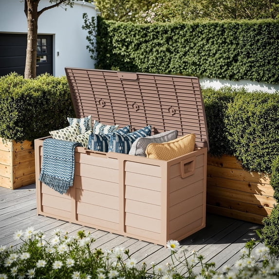 SUNCROWN Outdoor 75 Gallon Storage Deck Box, Weatherproof Woodgrain ...