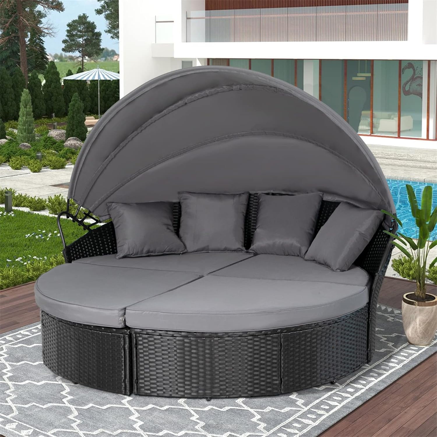 SUNCROWN Outdoor Patio Round Daybed with Retractable Canopy, Black ...