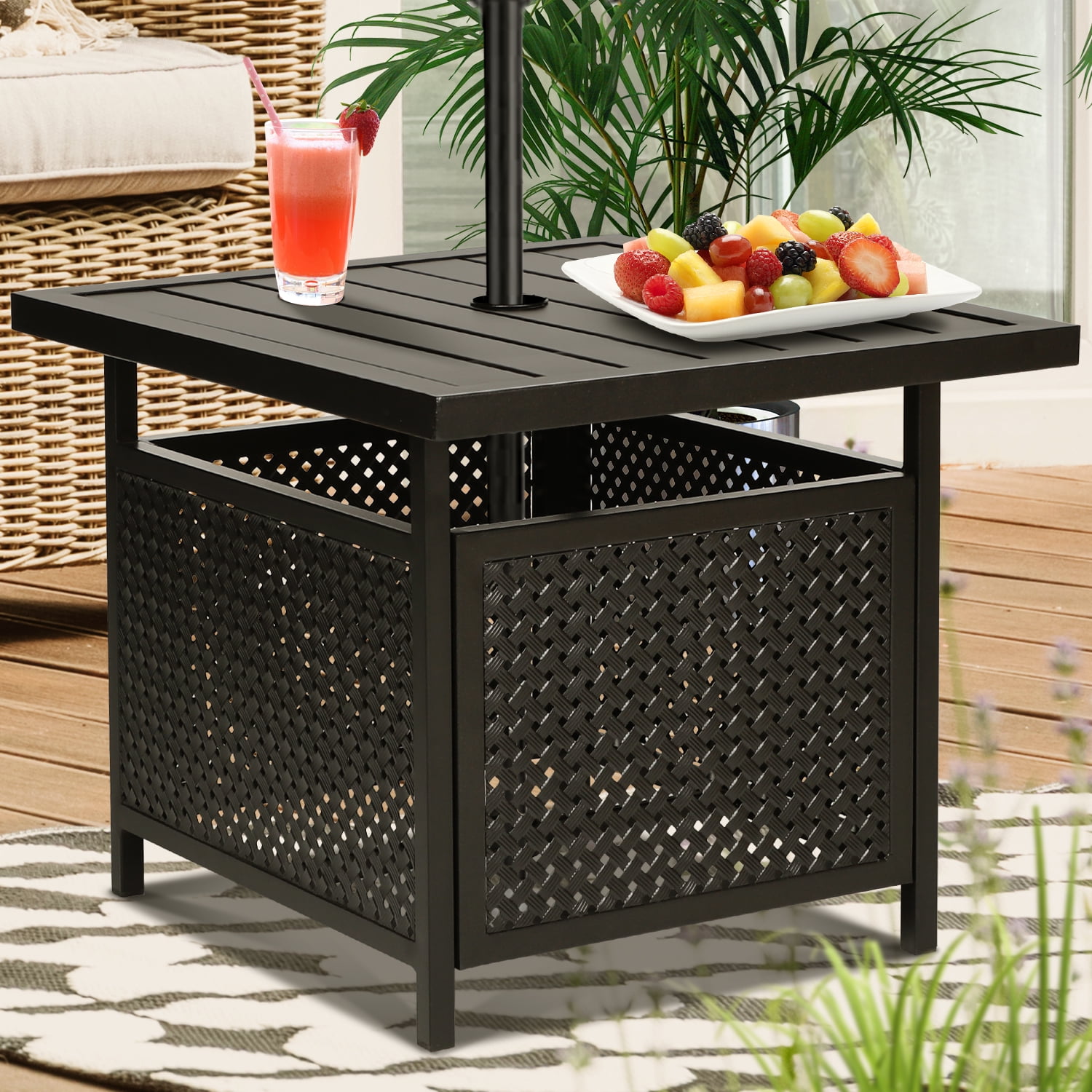 "SUNCROWN Outdoor Side Table with Umbrella Pole Holder, Square Metal ...