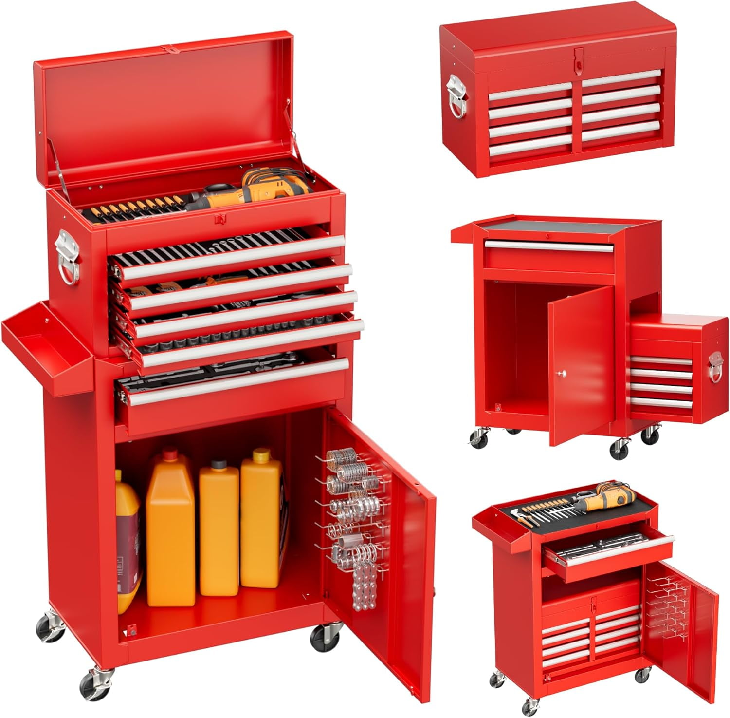 SUNCROWN Red Roller Toolbox, 5-Drawer Detachable Top, Lockable Wheels ...
