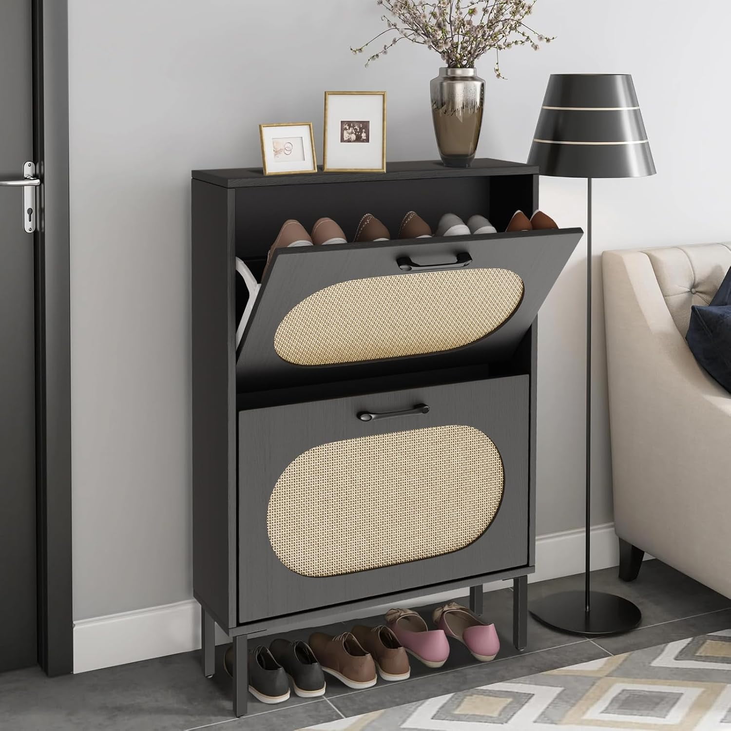 SUNCROWN Shoe Storage Cabinet with 2 Flip Drawers, Freestanding Narrow ...