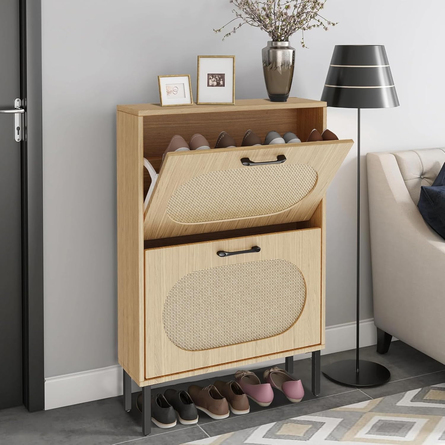 SUNCROWN Shoe Storage Cabinet with 2 Flip Drawers, Freestanding Narrow ...