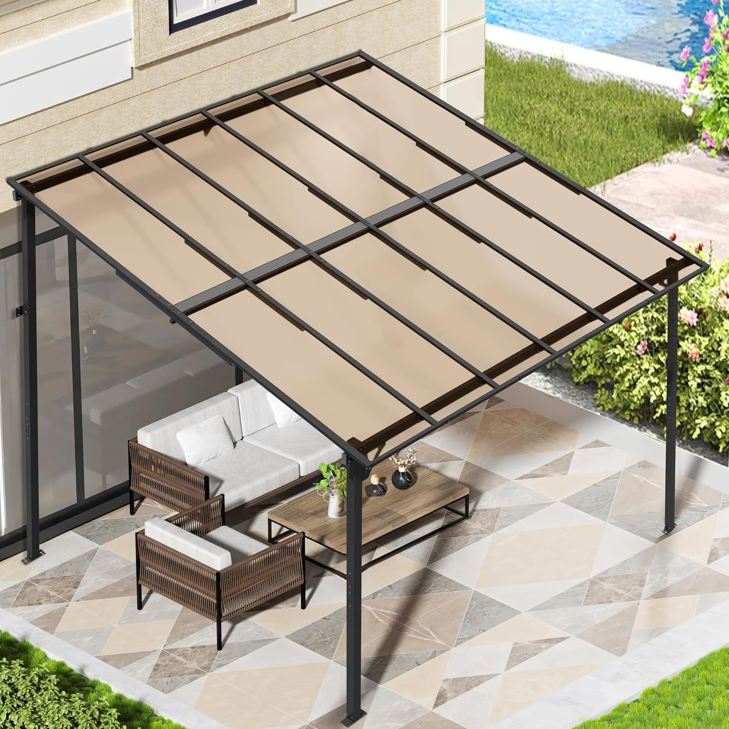 SUNCROWN Wall Gazebo 10’ x 12’ with Dewatering Hole, Large Hard Top ...