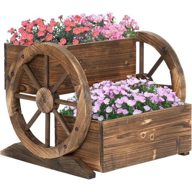 SUNCROWN Wooden Wagon Planter Box, 2 Tier Garden Planter with Wheels ...