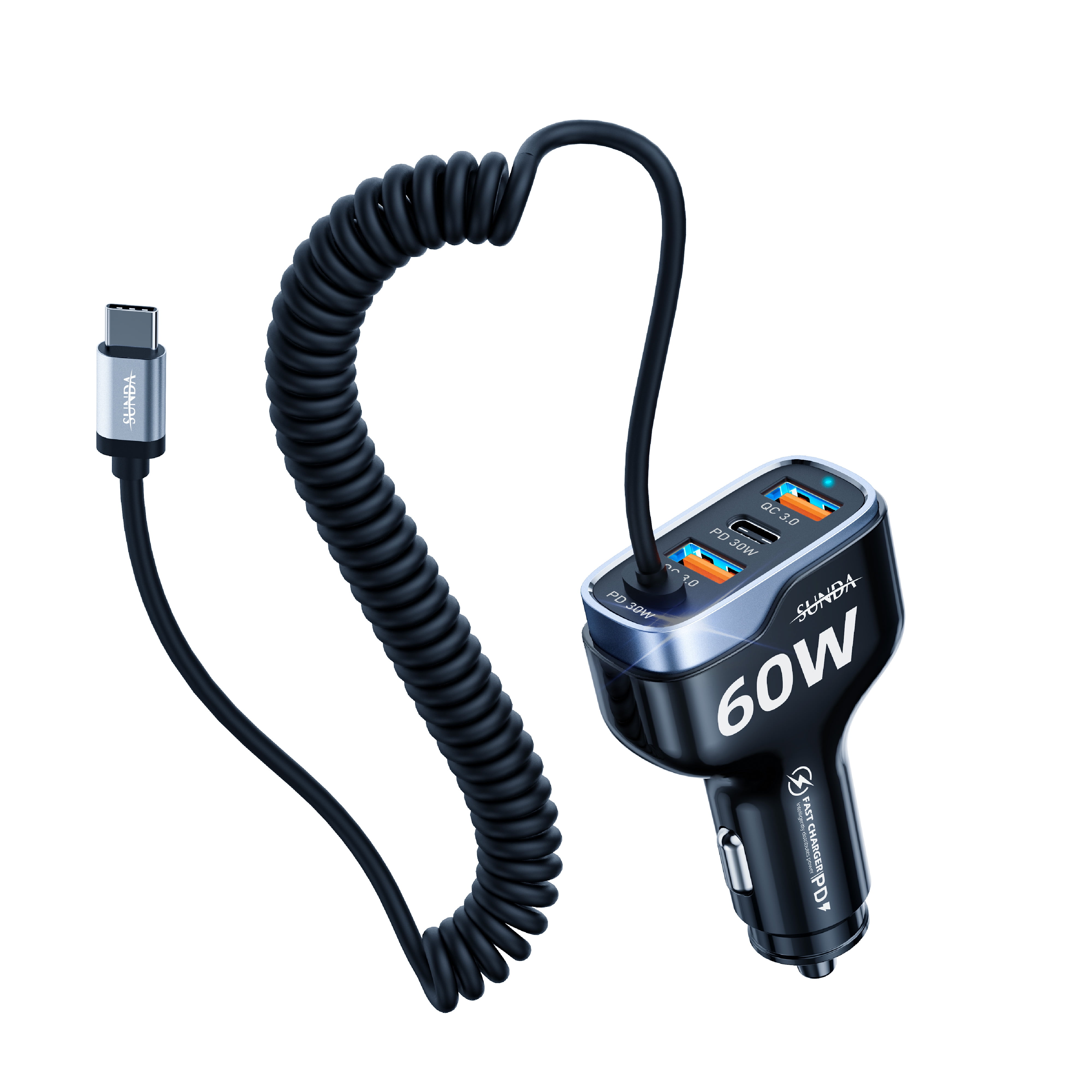 SUNDA USB C Fast Car Charger 60W 4-Ports, Built-in 5.9FT Type C Cable, Dual Type C and Dual USB ...