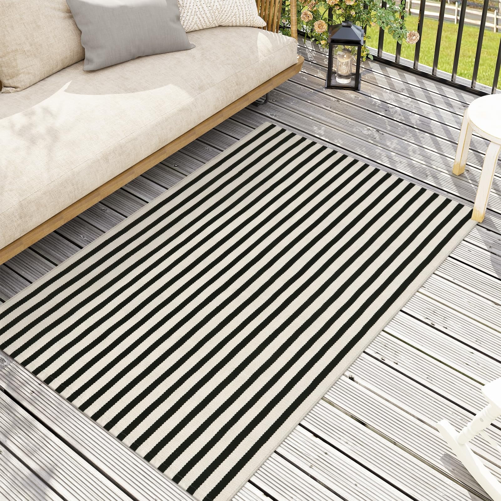 SUNDEREY 3'x5' Outdoor RugsBlack and White Striped Rug,3x5ft Washable ...