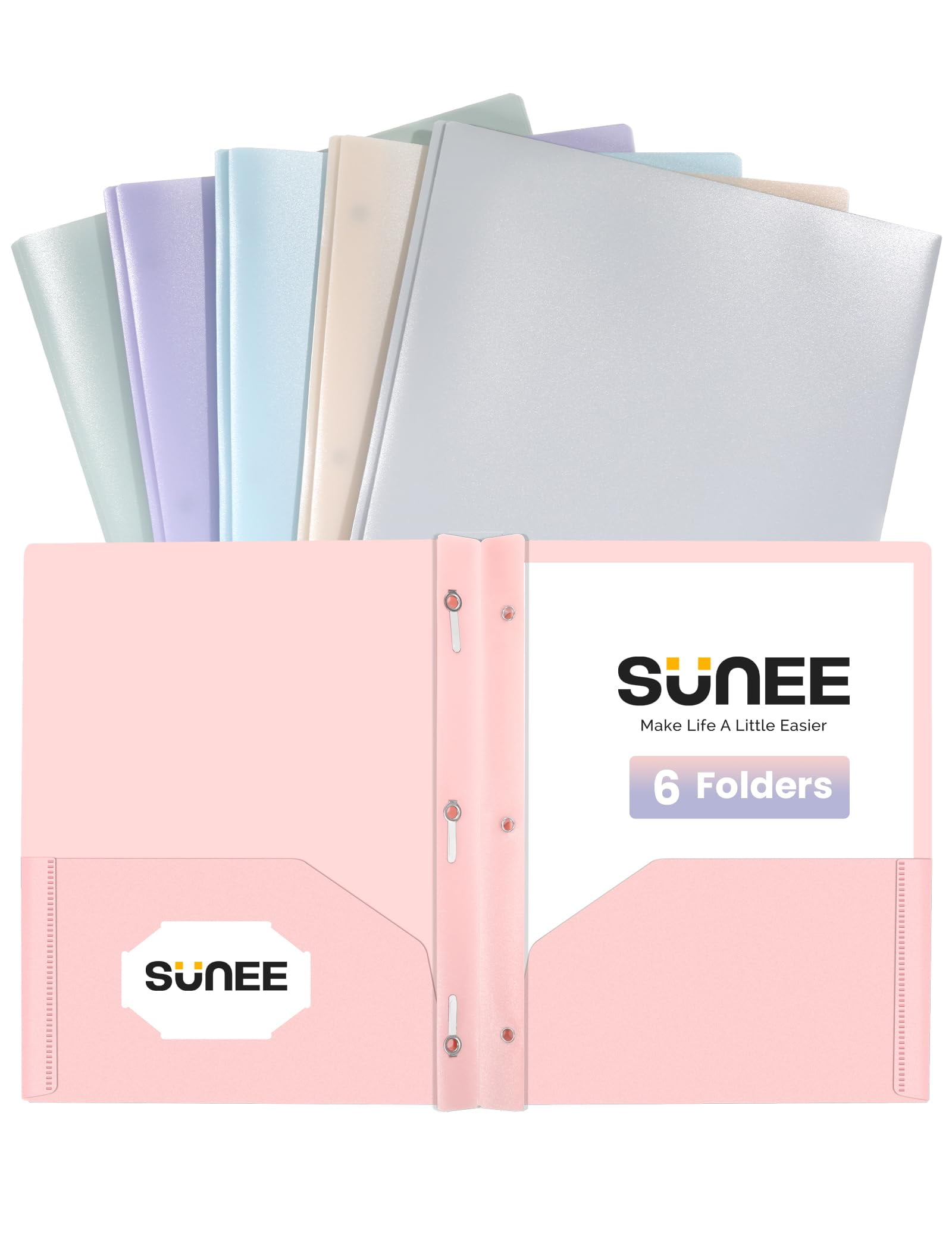 SUNEE 3-Prong Plastic Folders with Pockets 6 Color Heavy Duty Two Pocket Folder Business Card ...