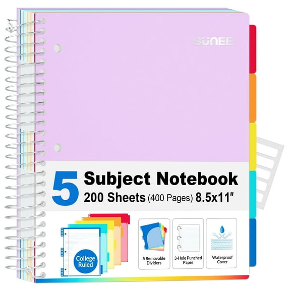 SUNEE 5 Subject Notebook College Ruled- 400 Pages Spiral Notebooks 8.5 ...