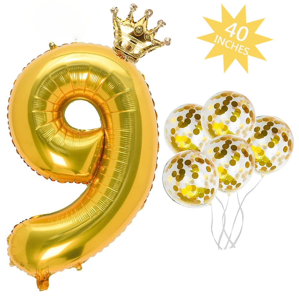 SUNFICON 40 Inches 9 Number Balloon, Giant Gold Digit Helium Foil ...