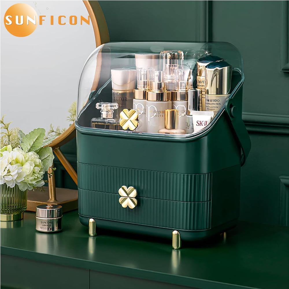 SUNFICON Makeup Organizer with Handles, Dustproof Cosmetic Storage Box ...