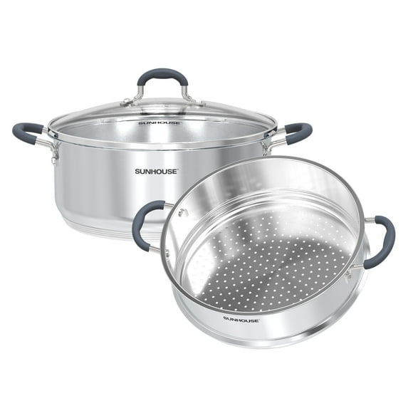 Sunhouse 5.5 Quart Stainless Steel 2-Tier Steamer Pot with Glass Lid ...