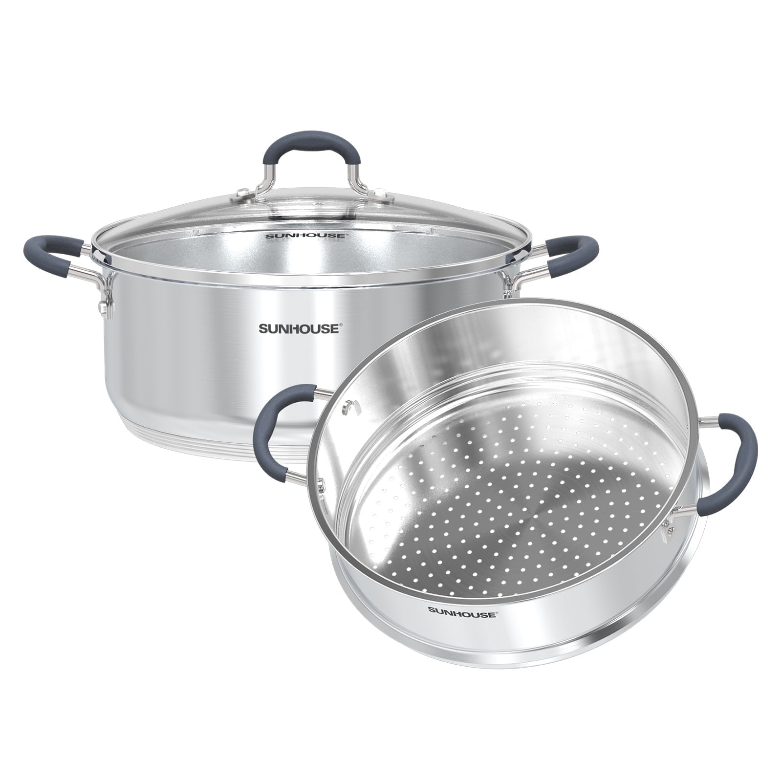 Sunhouse 5.5 Quart Stainless Steel Steamer Pots with 2-Tier Glass Lid ...