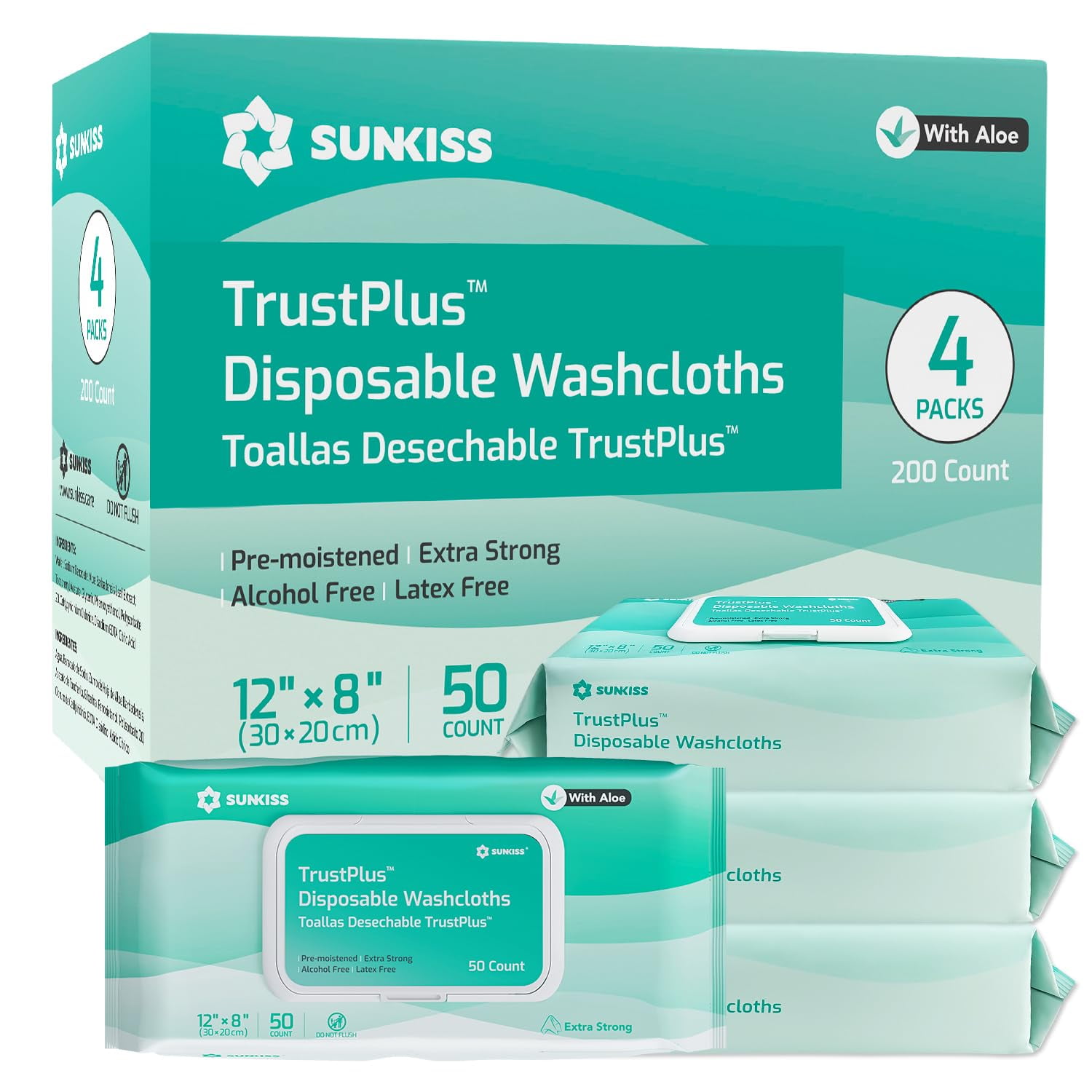 SUNKISS Trustplus Wet Wipes for Adult No Rinse, Extra Large 8”x12” Body Cleaning Washcloths for ...